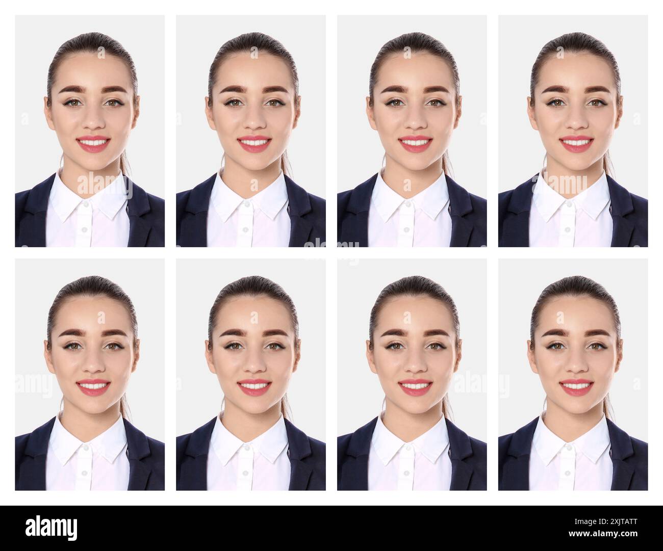 Portrait of woman on white background, set. Passport photo Stock Photo ...