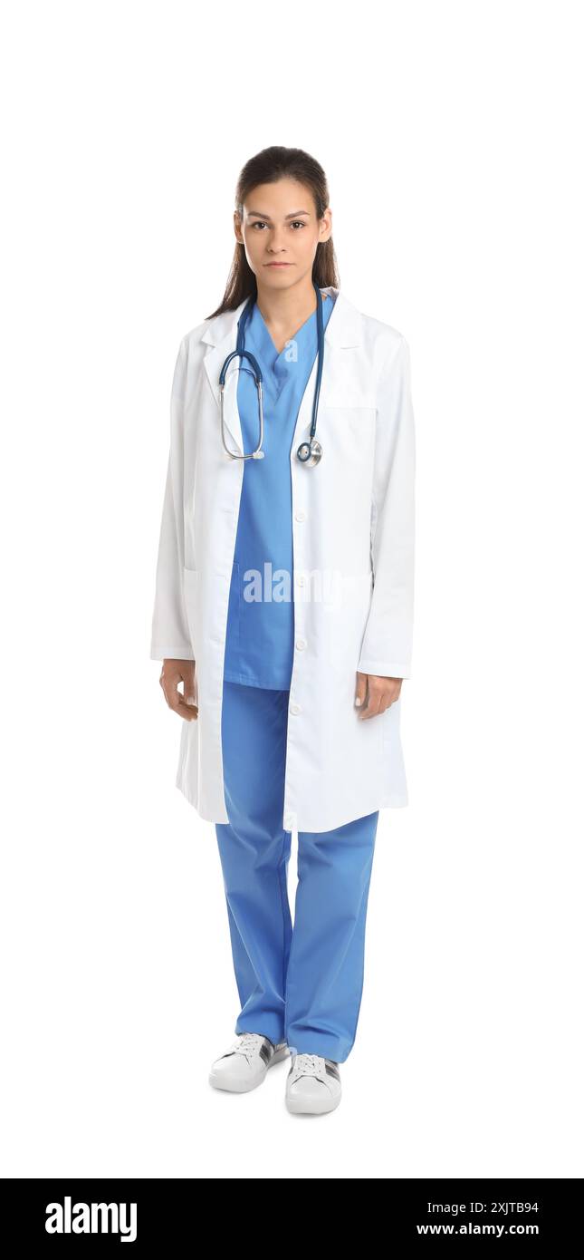 Beautiful nurse with stethoscope on white background Stock Photo - Alamy