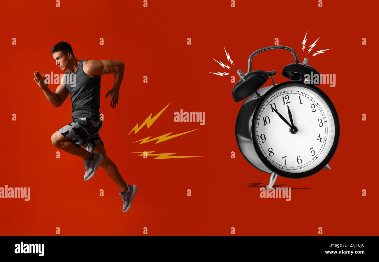 Athletic man running away from alarm clock on red background. Time ...