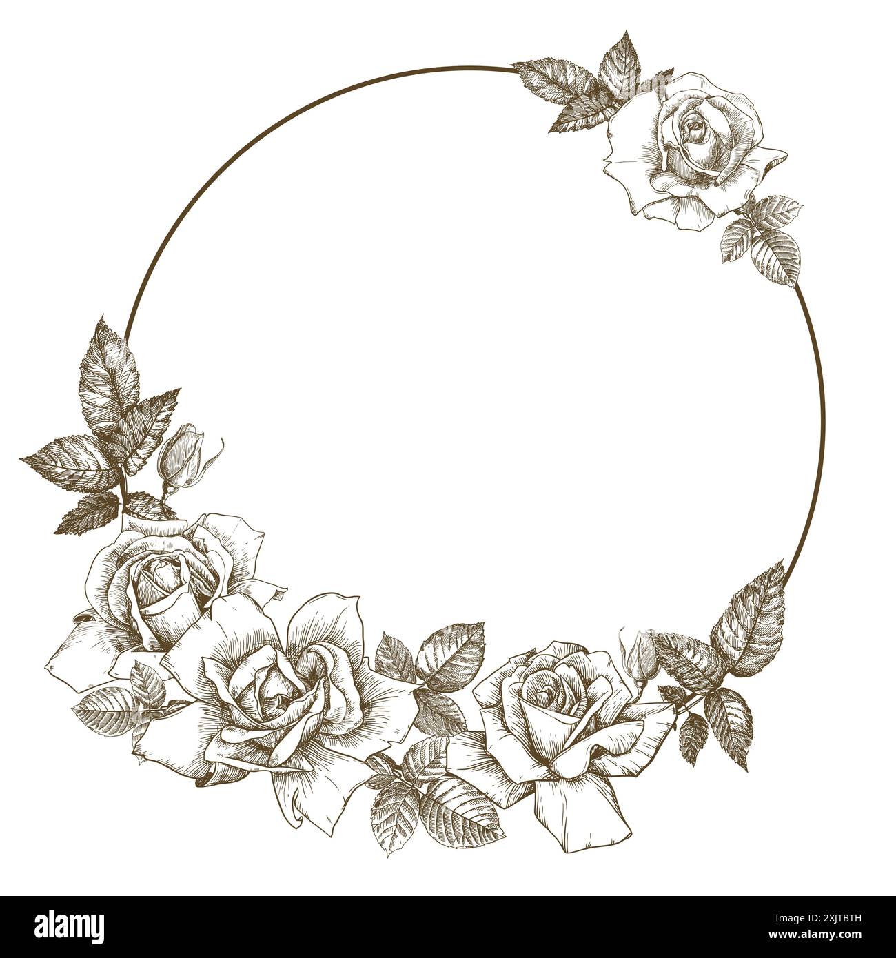 Hand-painted flowers in retro style. Round frame with roses, engraving ...