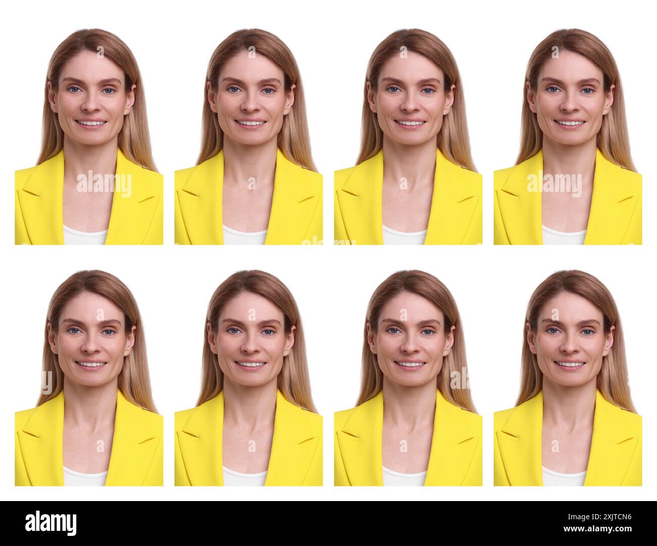 Portrait of woman on white background, set. Passport photo Stock Photo ...