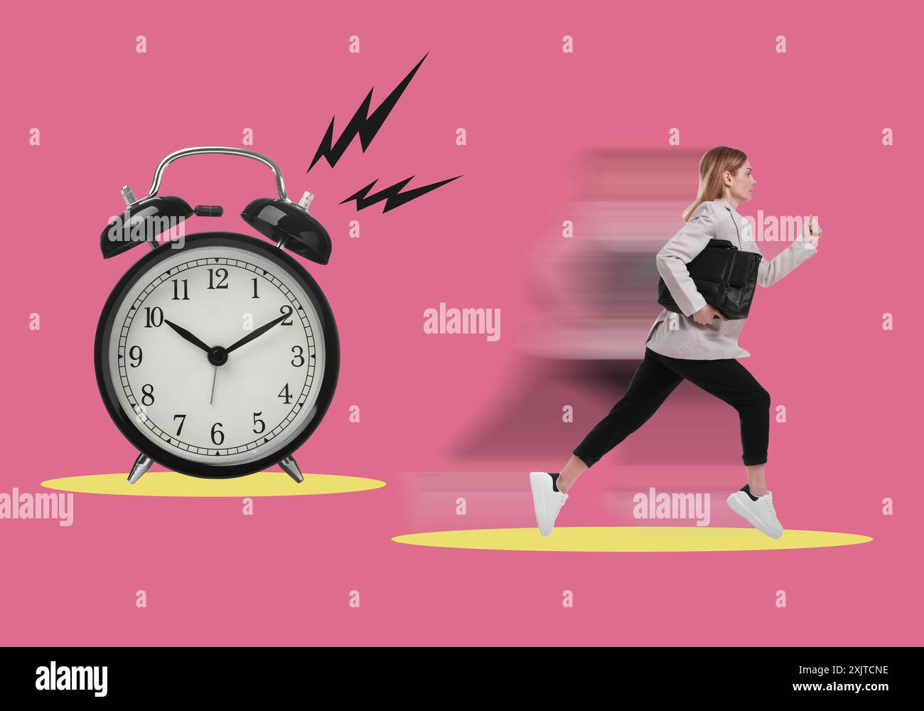 Businesswoman running away from alarm clock on pink background. Time ...
