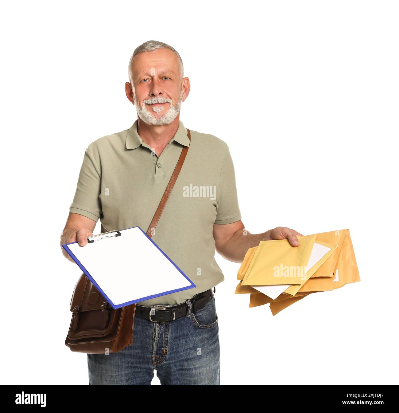 Postman with brown bag delivering letters on white background Stock ...