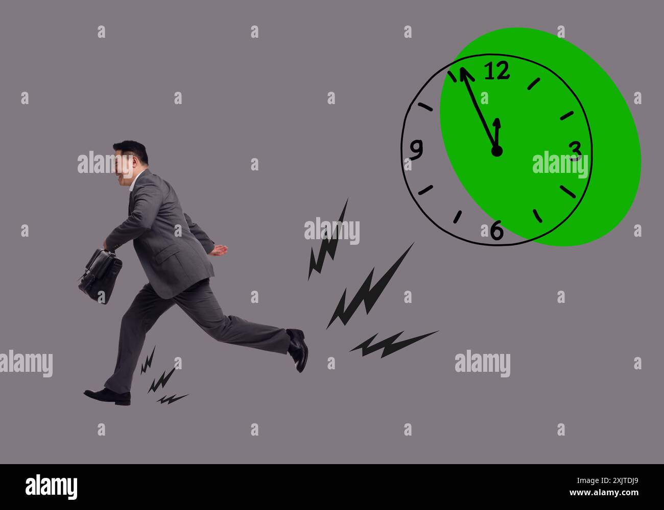 Businessman running away from illustration of clock on grey background ...