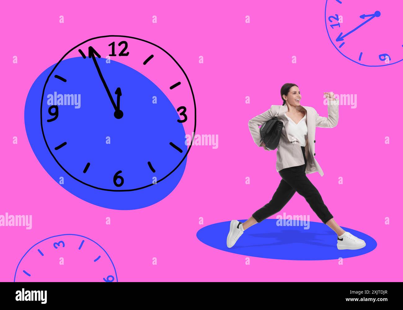 Businesswoman running away from illustration of clock on color ...