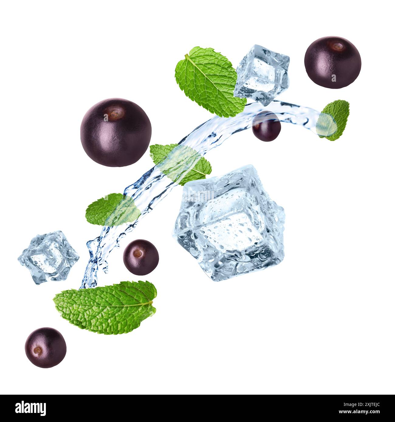 Acai berries, mint leaves, ice cubes and splash of water in air on ...