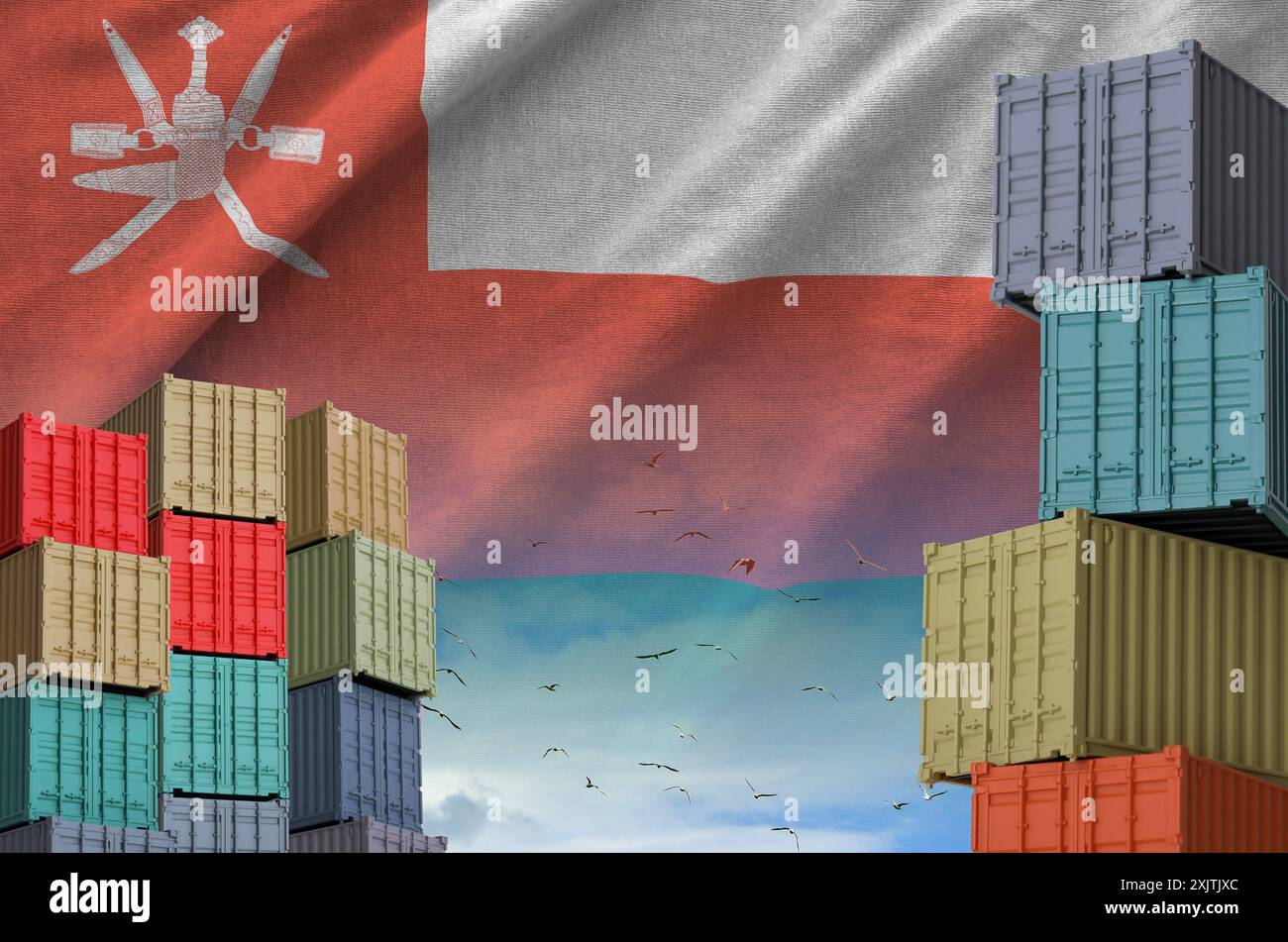 Oman flag and big stack of shipping cargo containers in docks with sky ...