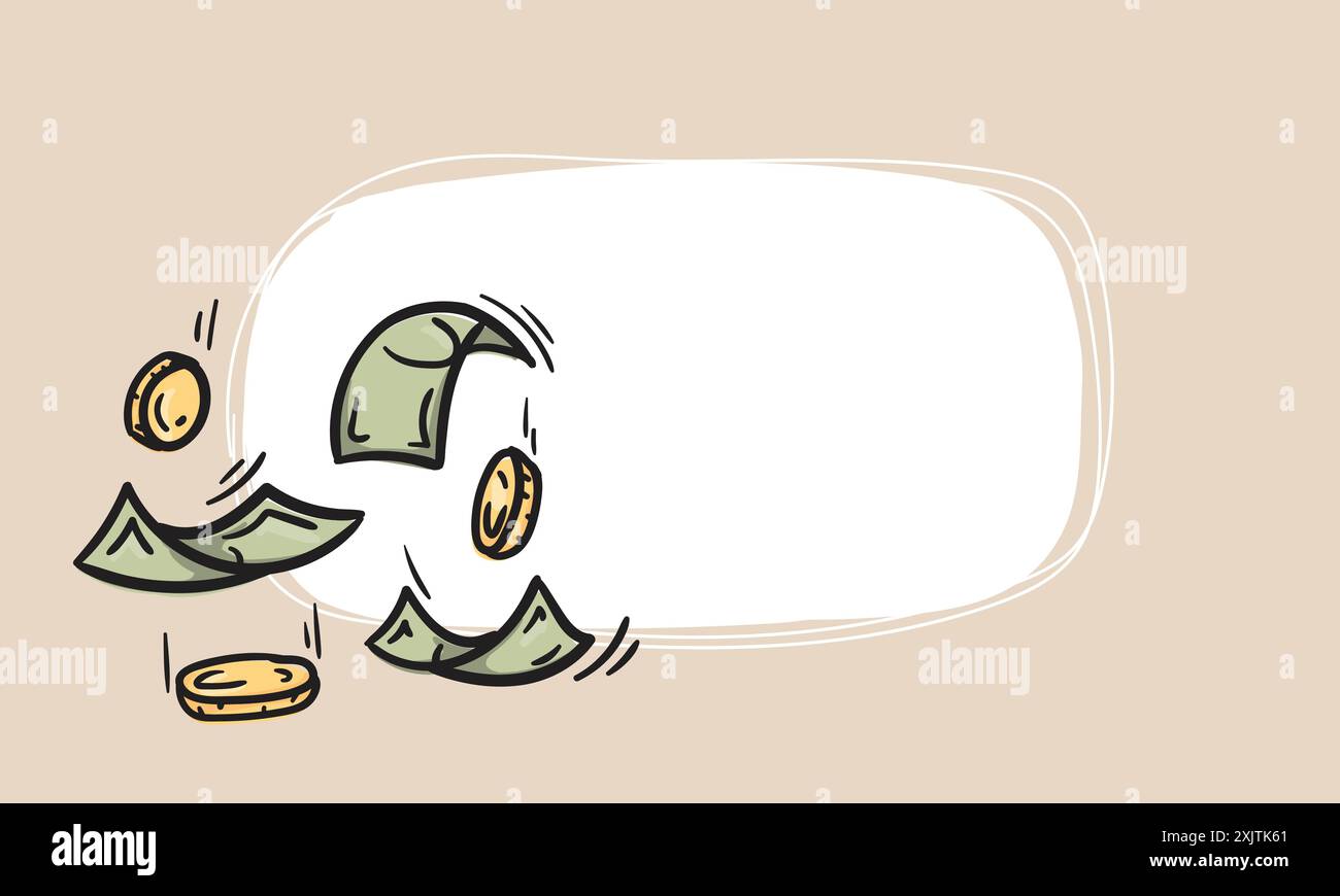 Flying money and coins icon. Simple vector background with place for ...
