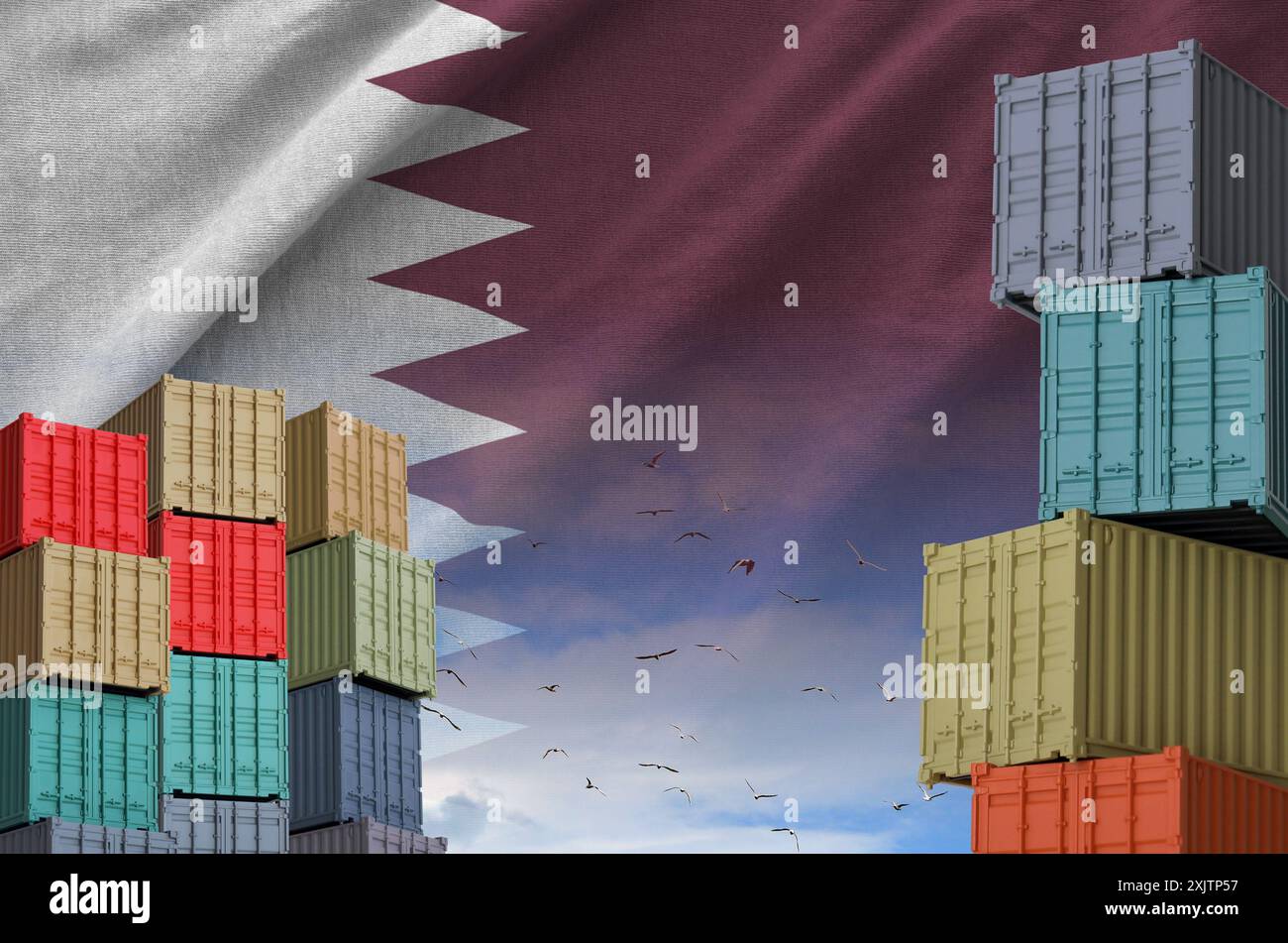 Qatar flag and big stack of shipping cargo containers in docks with sky ...