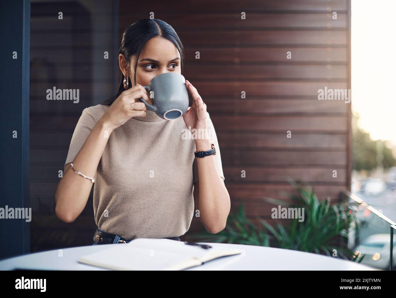 Coffee, planning and woman in office with ideas for creative startup ...