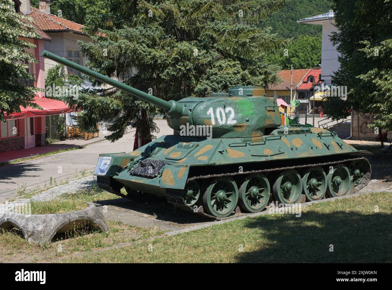 Raduil, Bulgaria - Jul 6, 2024: This Soviet T-34 85 tank is standing in ...