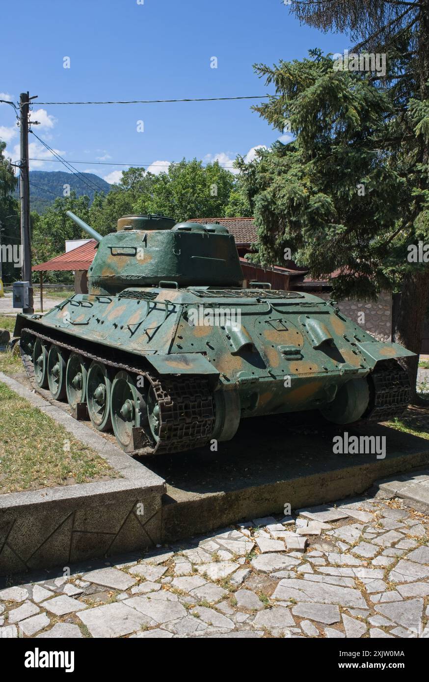 Raduil, Bulgaria - Jul 6, 2024: This Soviet T-34 85 tank is standing in ...