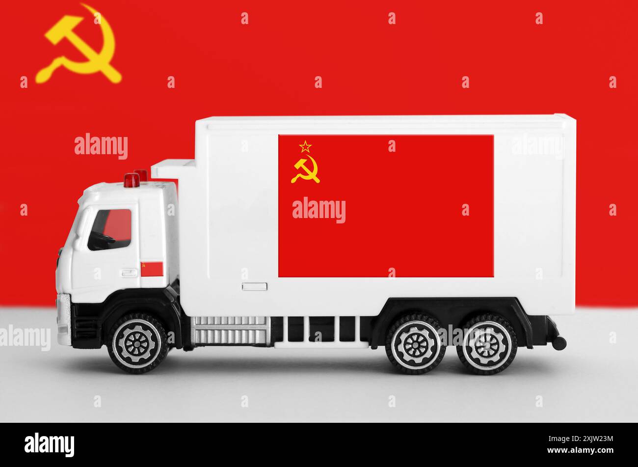Soviet Union flag depicted on side wall of white delivery van close up ...
