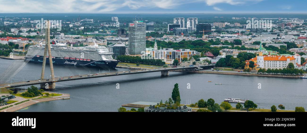 Aerial view of the large cruise ship docked in Riga port Stock Photo ...