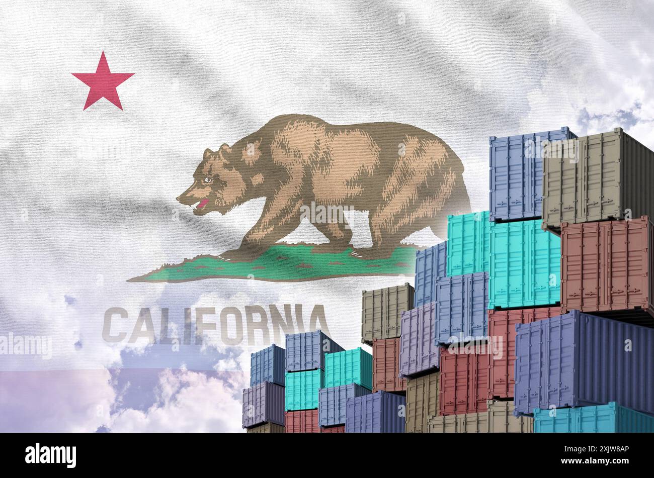 California US state flag and big stack of shipping cargo containers in ...