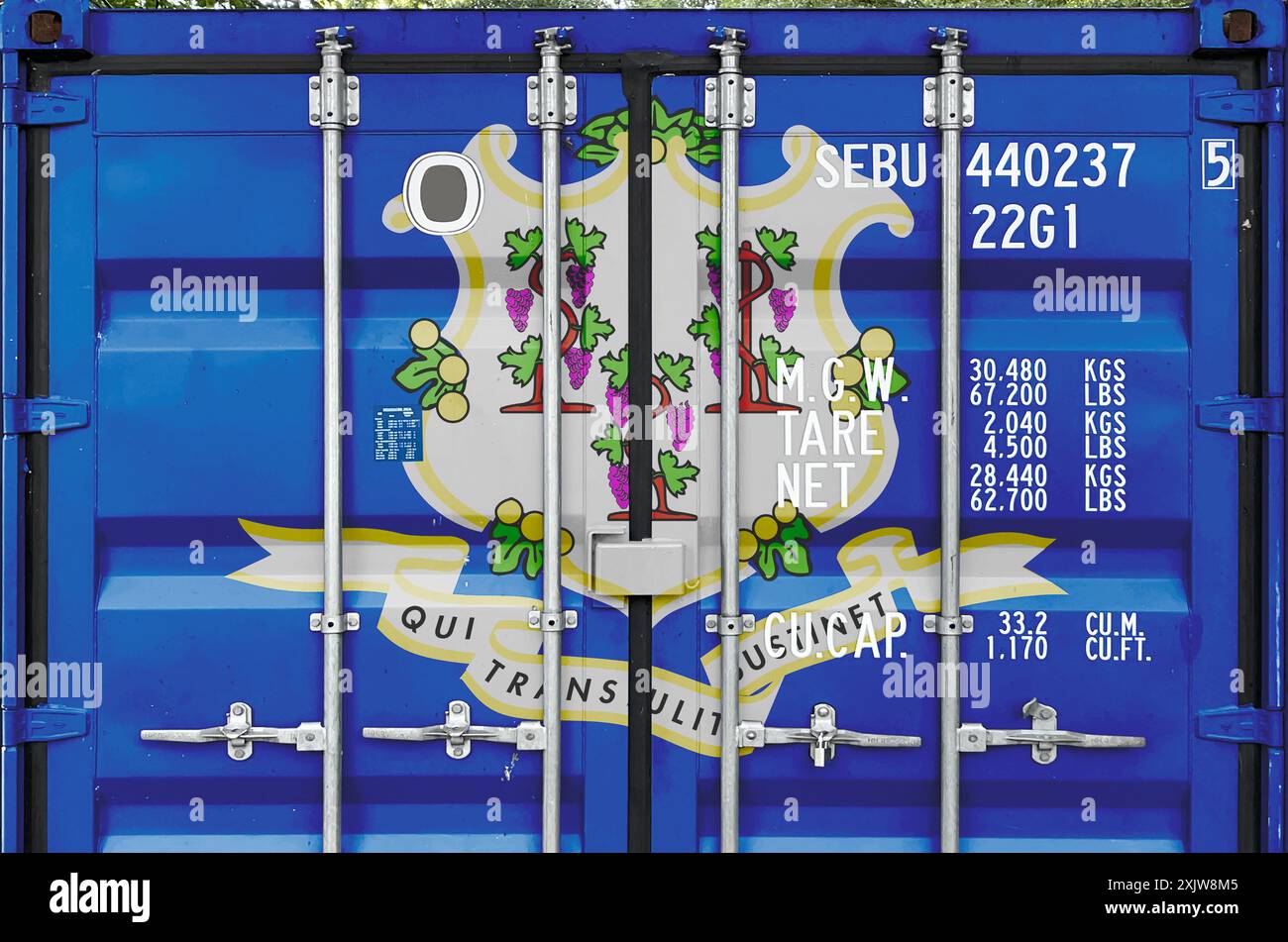Connecticut US state flag depicted on metal doors of shipping cargo ...