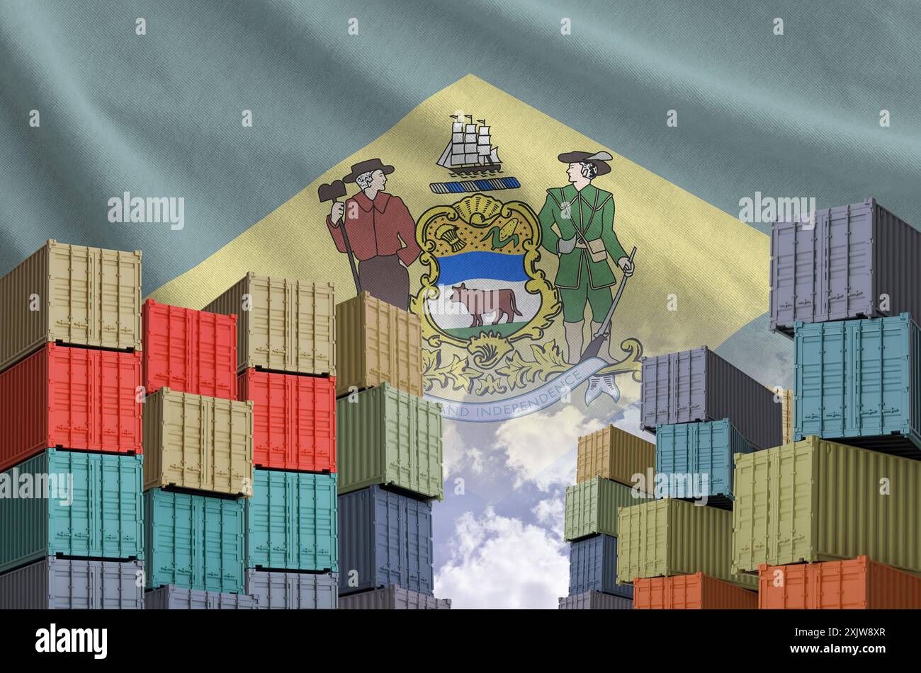 Delaware US state flag and big stack of shipping cargo containers in ...