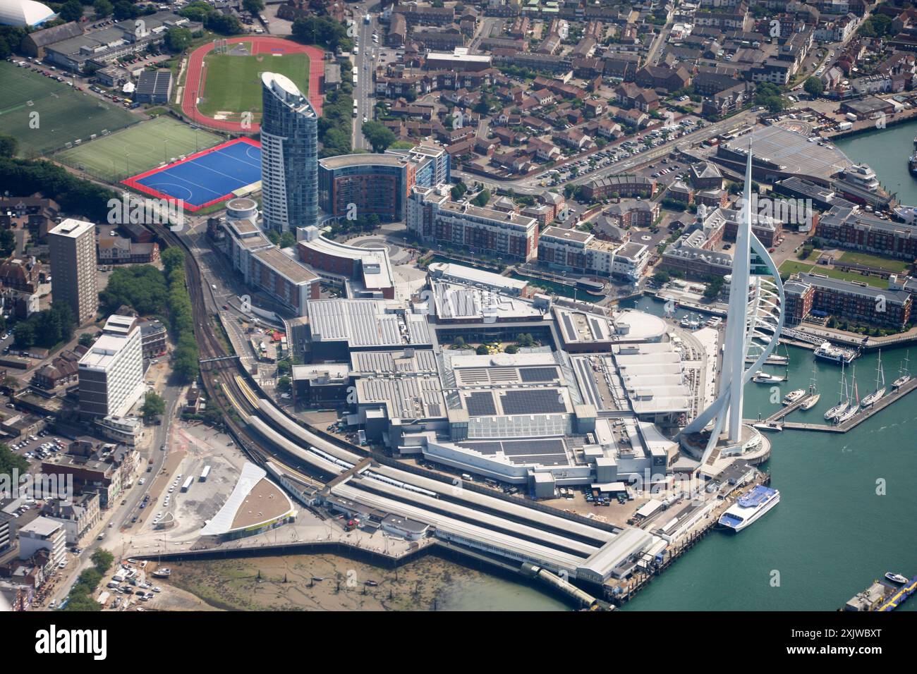 Aerial view of Spinnaker Tower and the historic naval base at ...