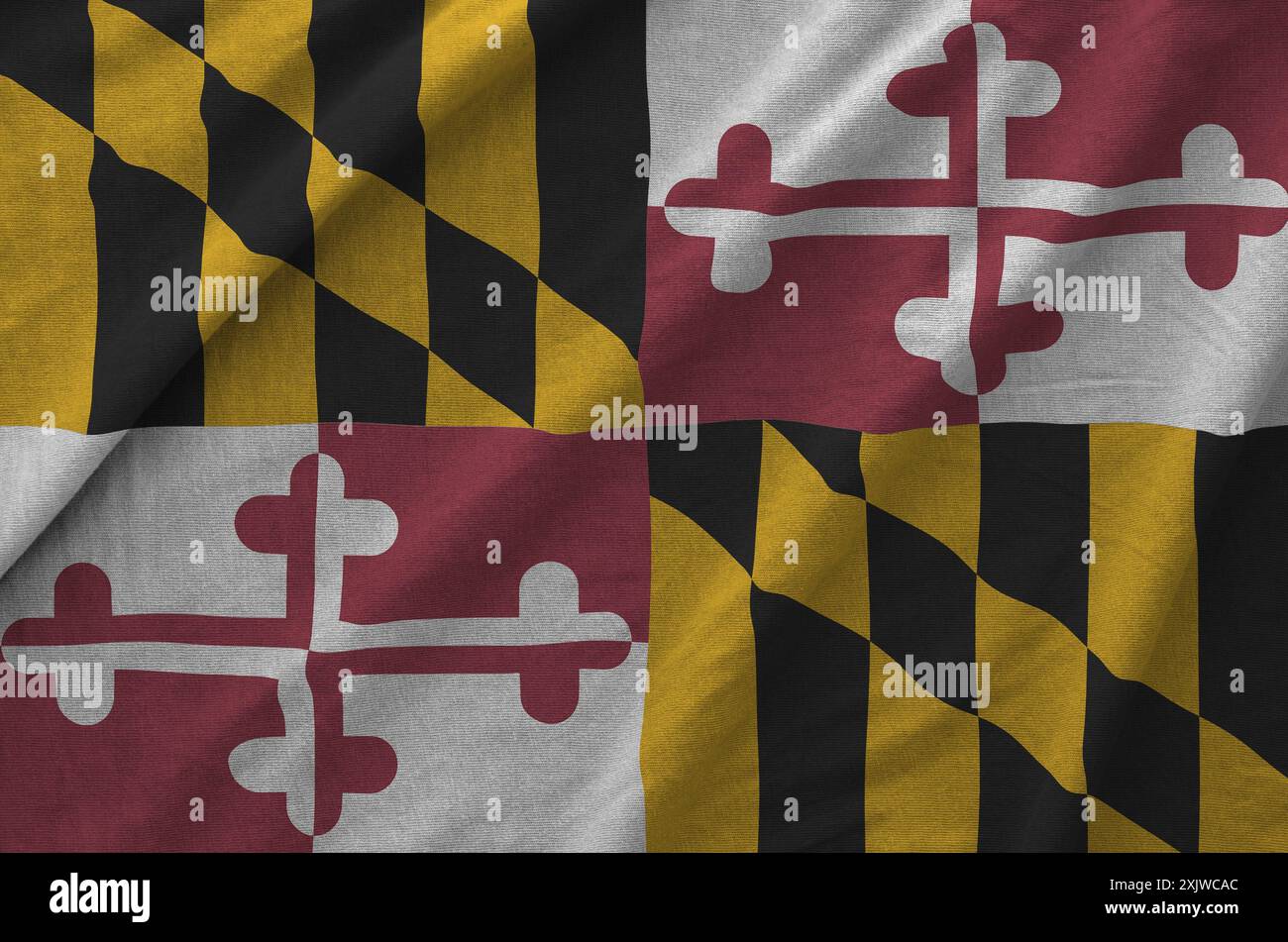 Maryland US state flag depicted on folded wavy fabric of old cloth ...