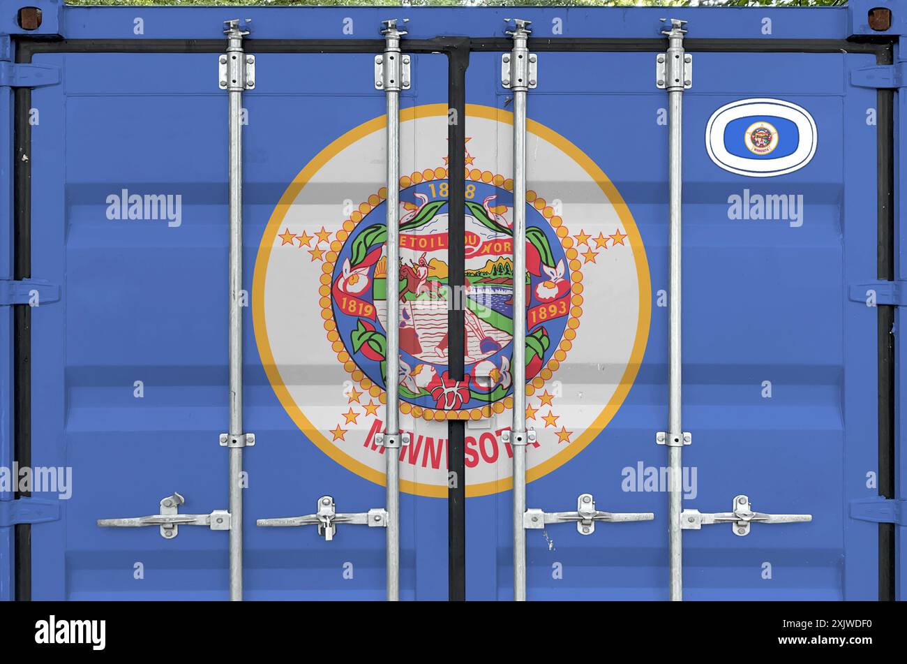 Minnesota US state flag depicted on metal doors of shipping cargo ...