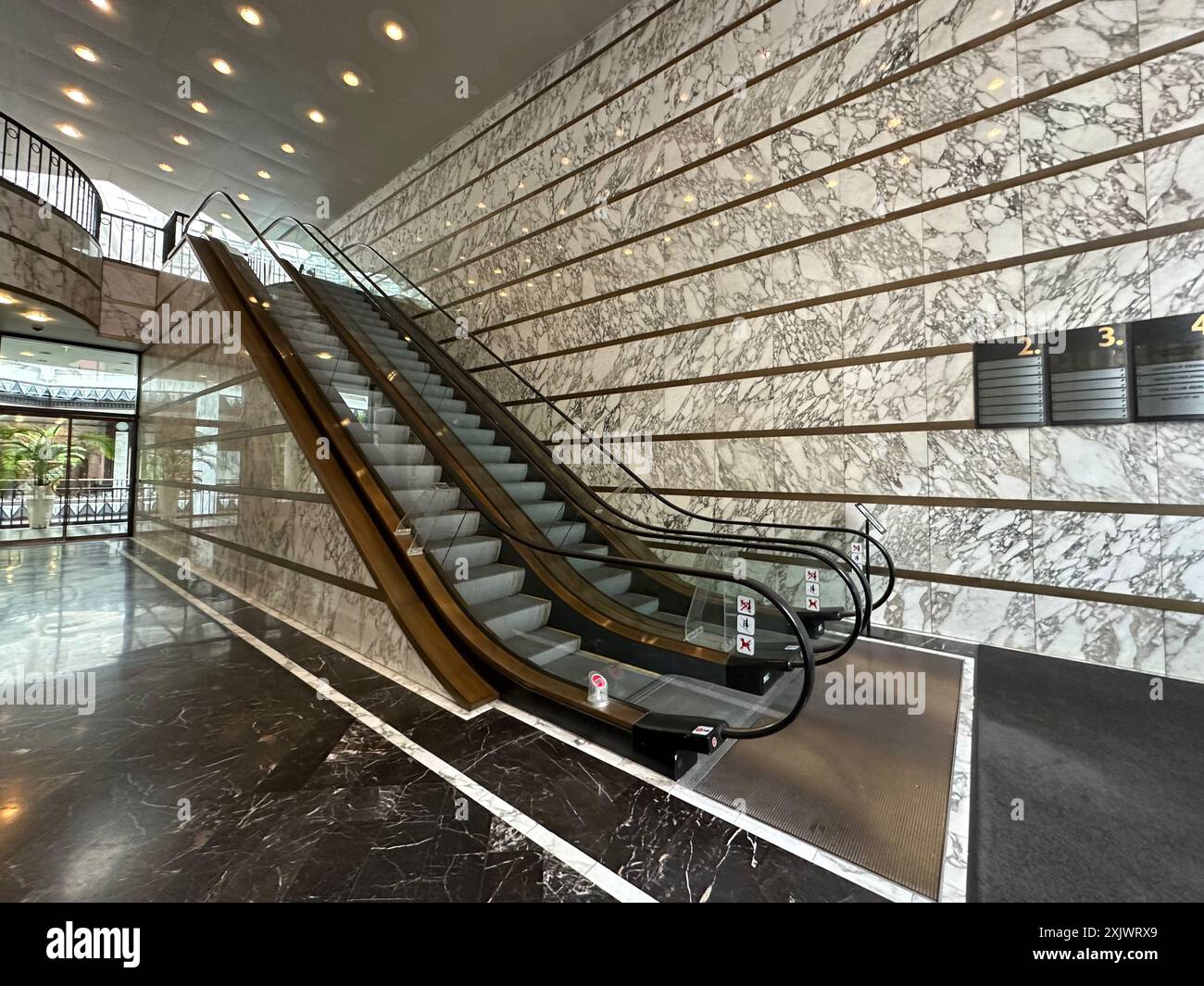 Modern escalators with handrails in shopping mall Stock Photo - Alamy