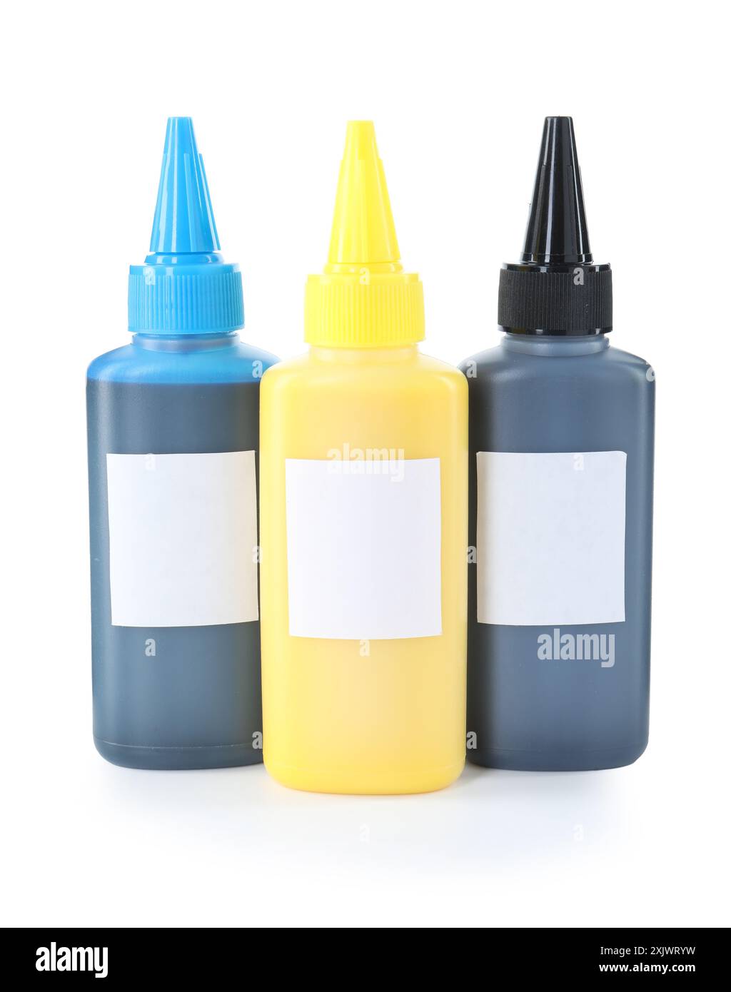 Bottles of different printer ink isolated on white Stock Photo - Alamy