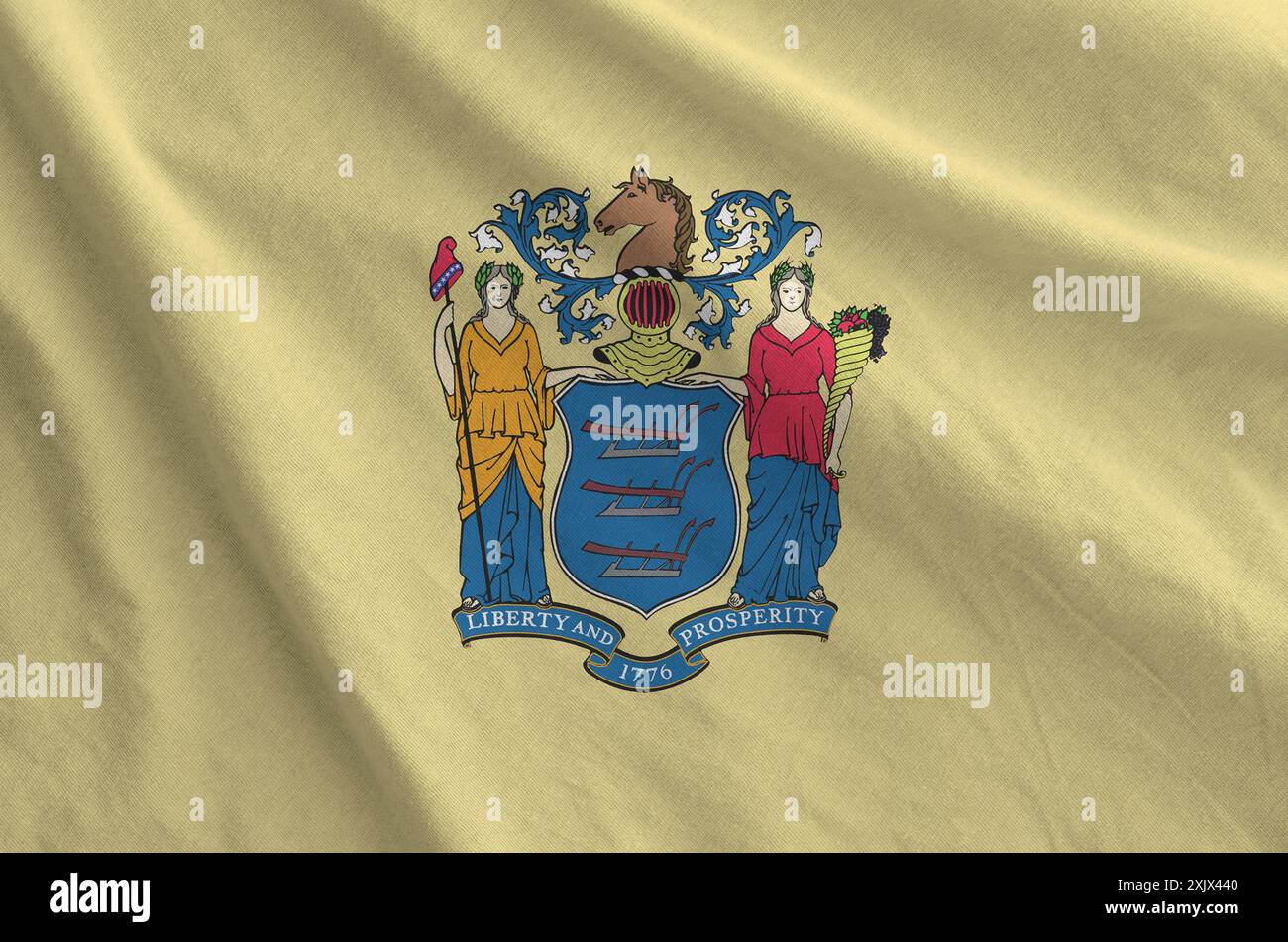 New Jersey US state flag depicted on folded wavy fabric of old cloth ...