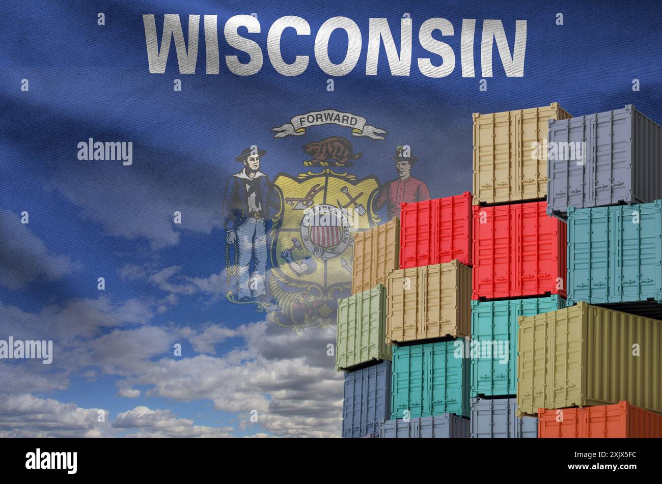 Wisconsin US state flag and big stack of shipping cargo containers in ...