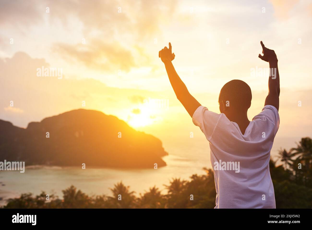 Sunset, nature and back of man with freedom for worship, religion or ...