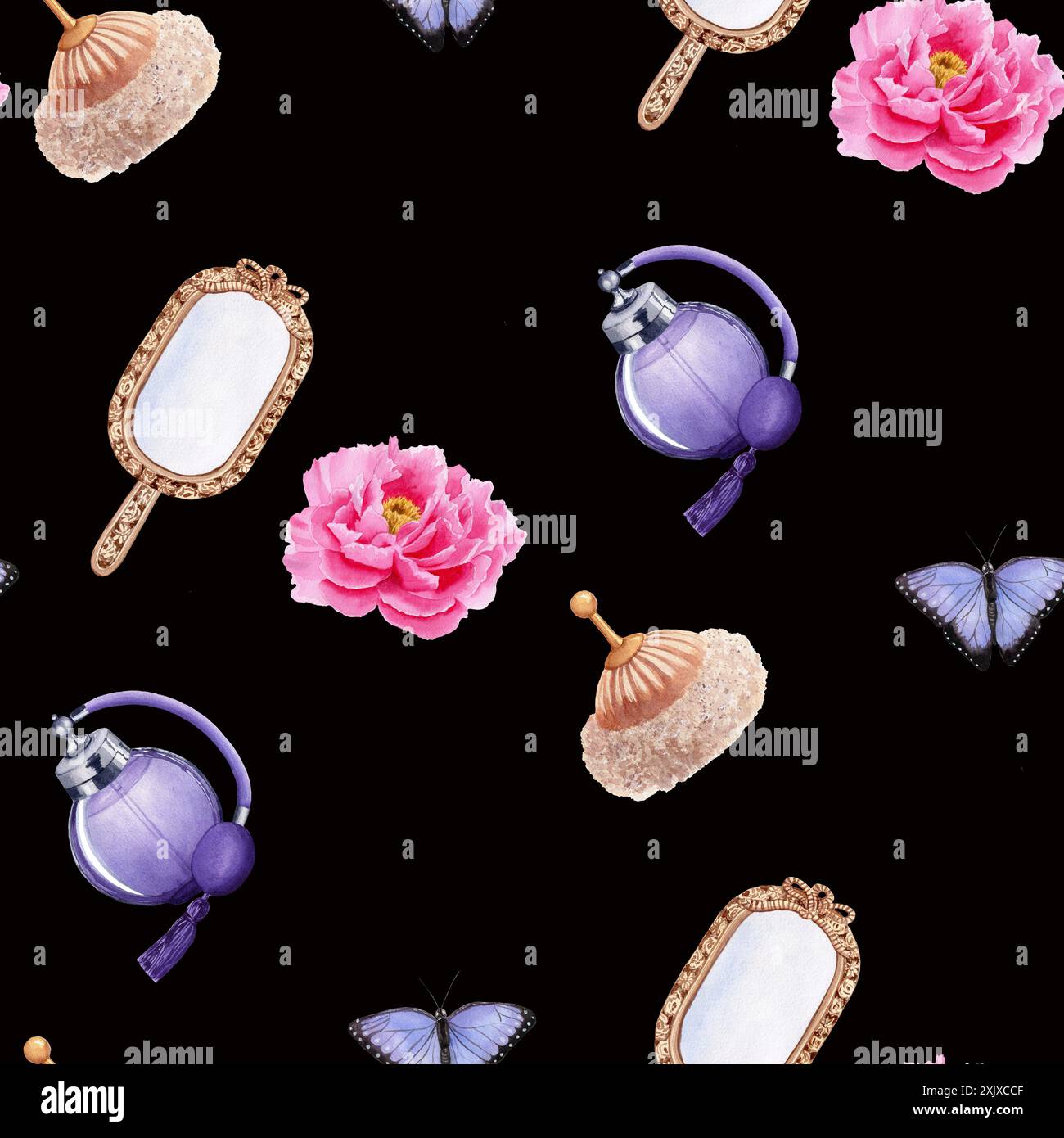 Seamless pattern with vintage perfume bottles, butterfly, powder puff ...