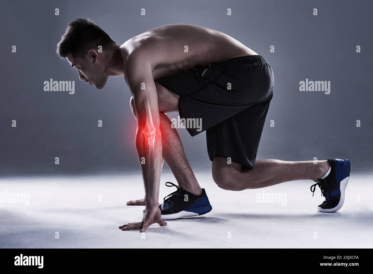 Man, elbow and injury of exercise in studio, arm anatomy and xray for ...