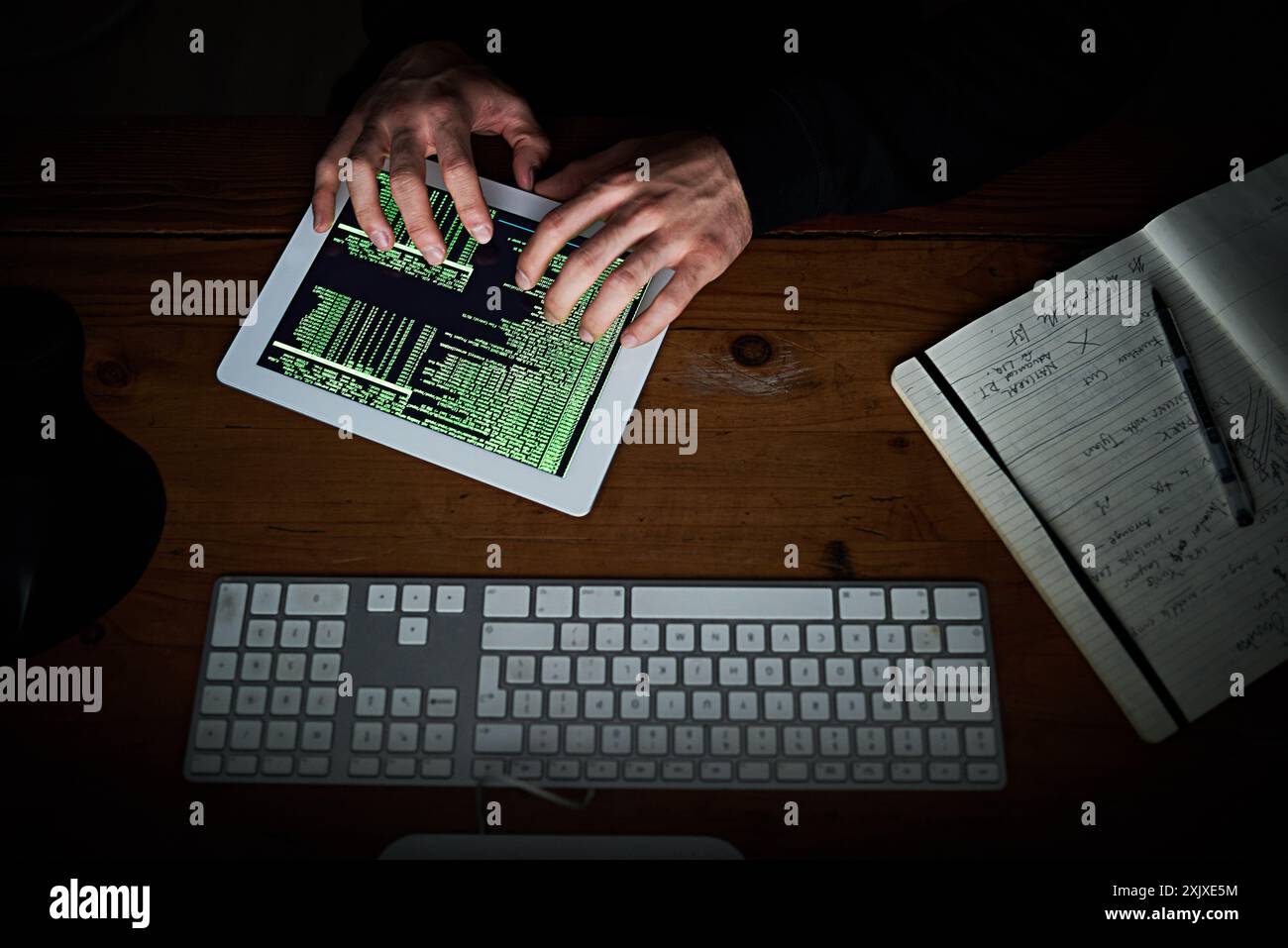 Tablet Programmer Hands And Code Screen With Software For Hacking Crime Or Cyber Security