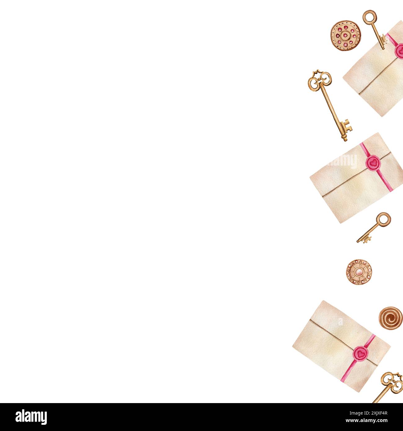 Square postcard with vintage keys, envelopes and buttons. Watercolor ...