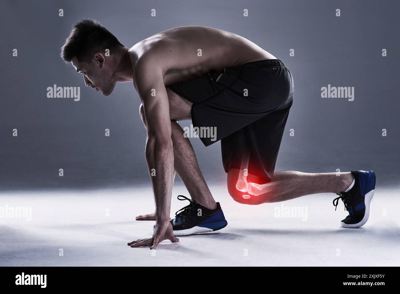 Man, knee pain and injury of exercise in studio, anatomy of leg and x ...