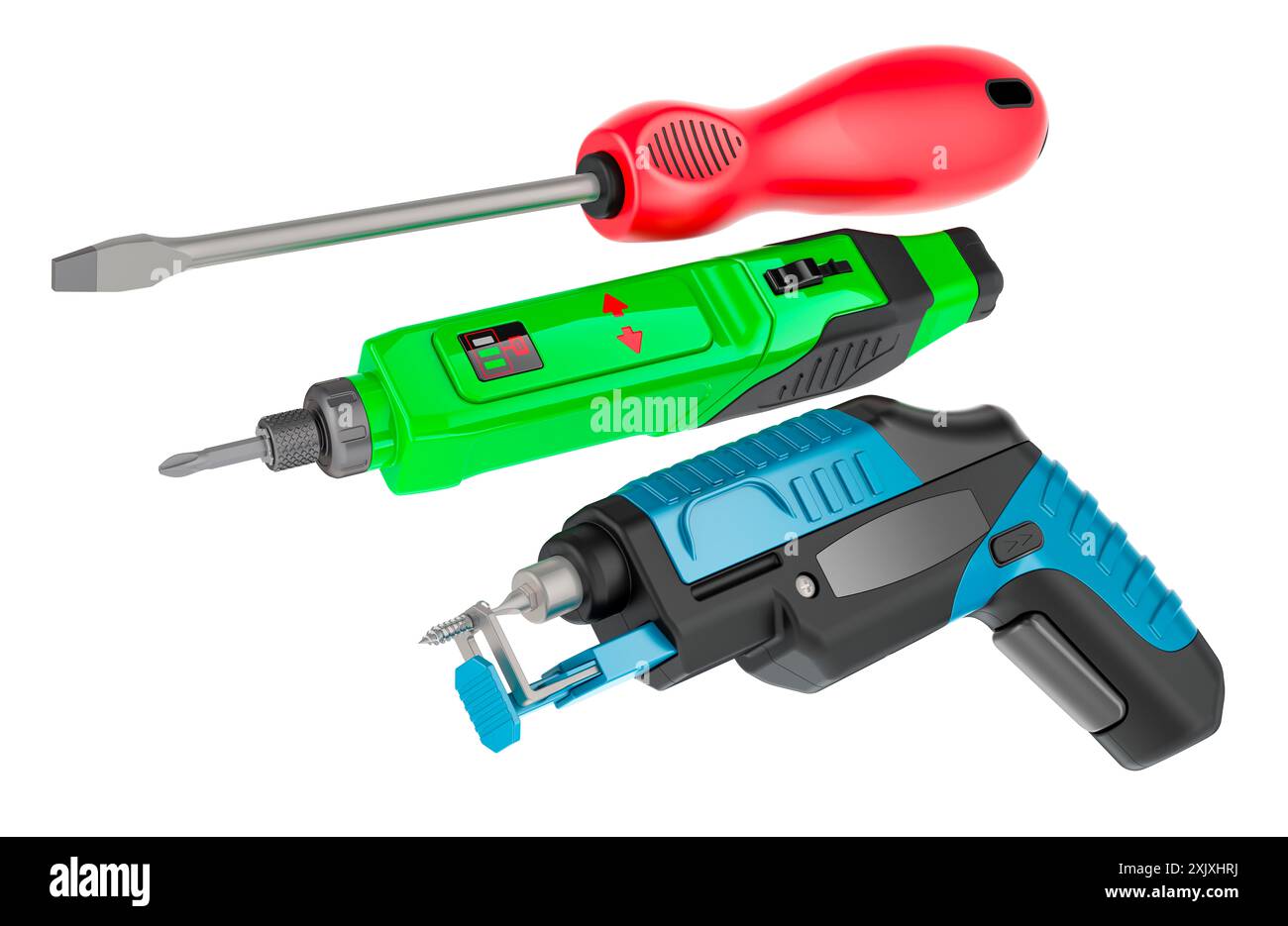 Screwdriver, cordless electric screwdriver and screw gun. 3D rendering ...