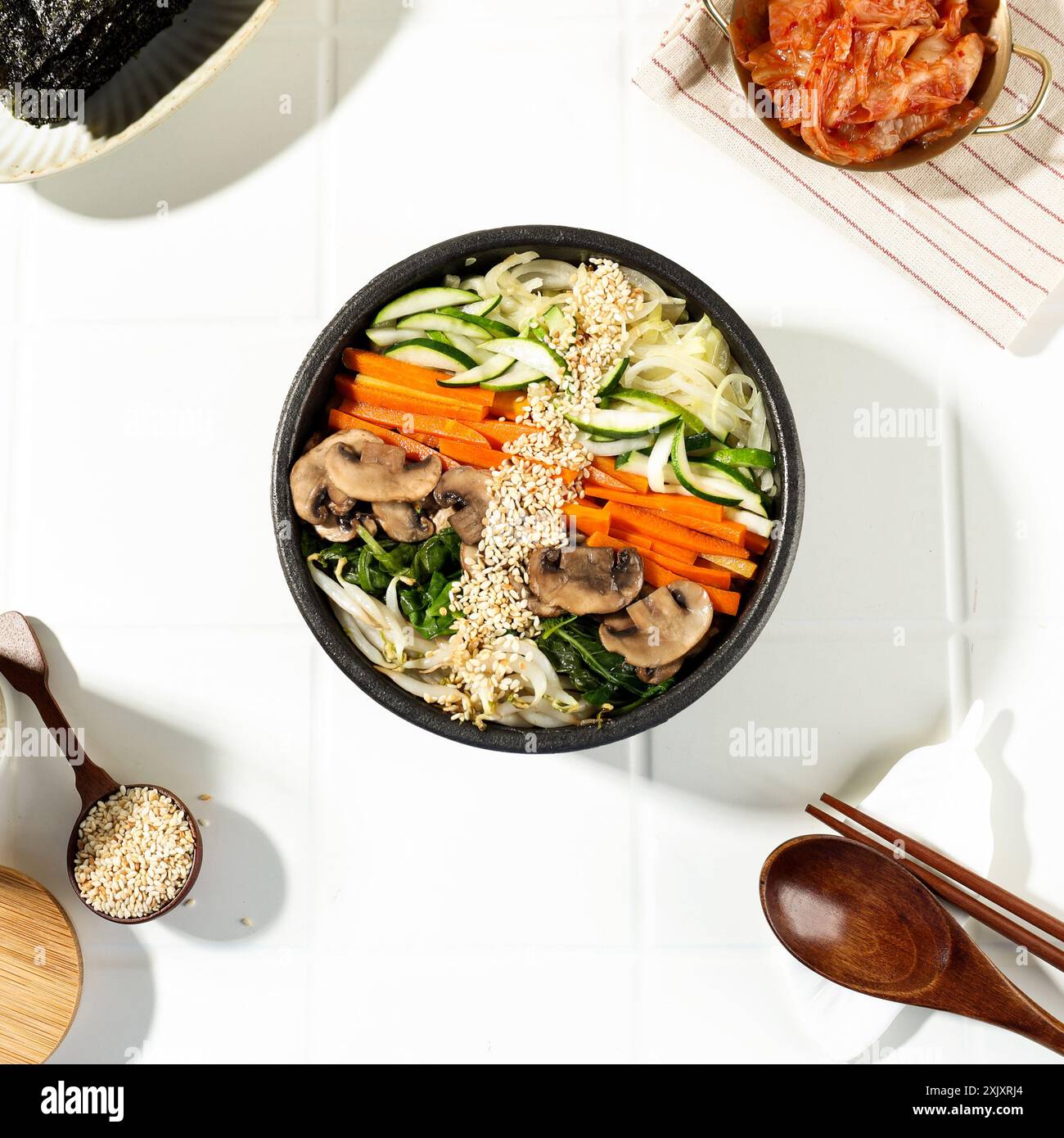 Top View Dolsot Vegetarian Bibimbap, Korean Stone Bowl Roasted Mix Rice ...