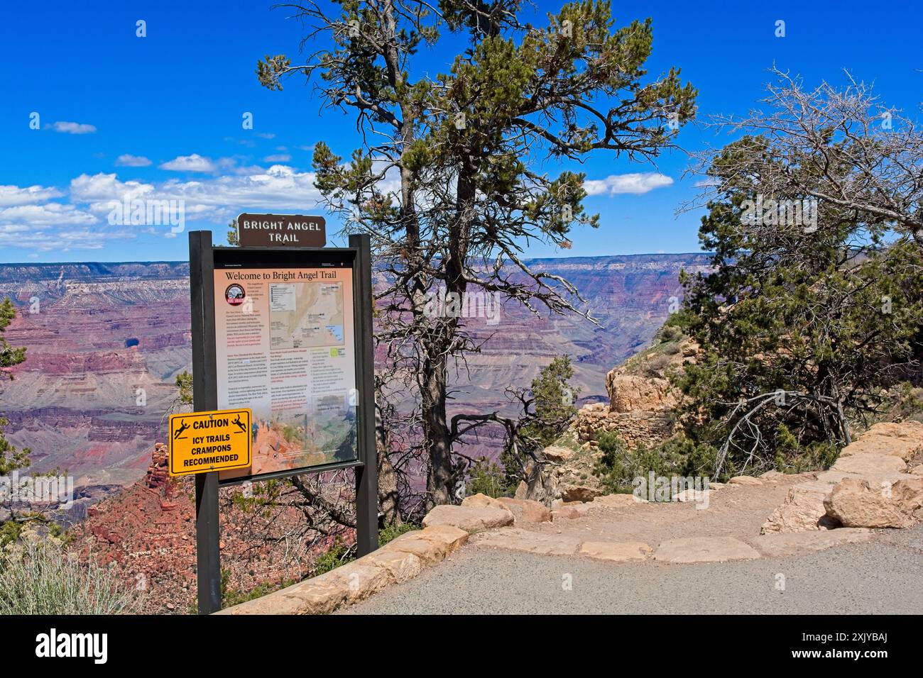 Bright Angle Trail information and warning signs at trailhead in Grand ...