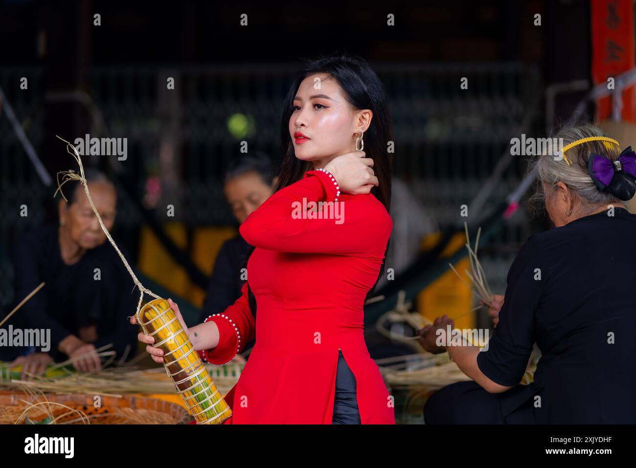 Vietnamese girl with Ao Dai dress sitting in traditional house of ...