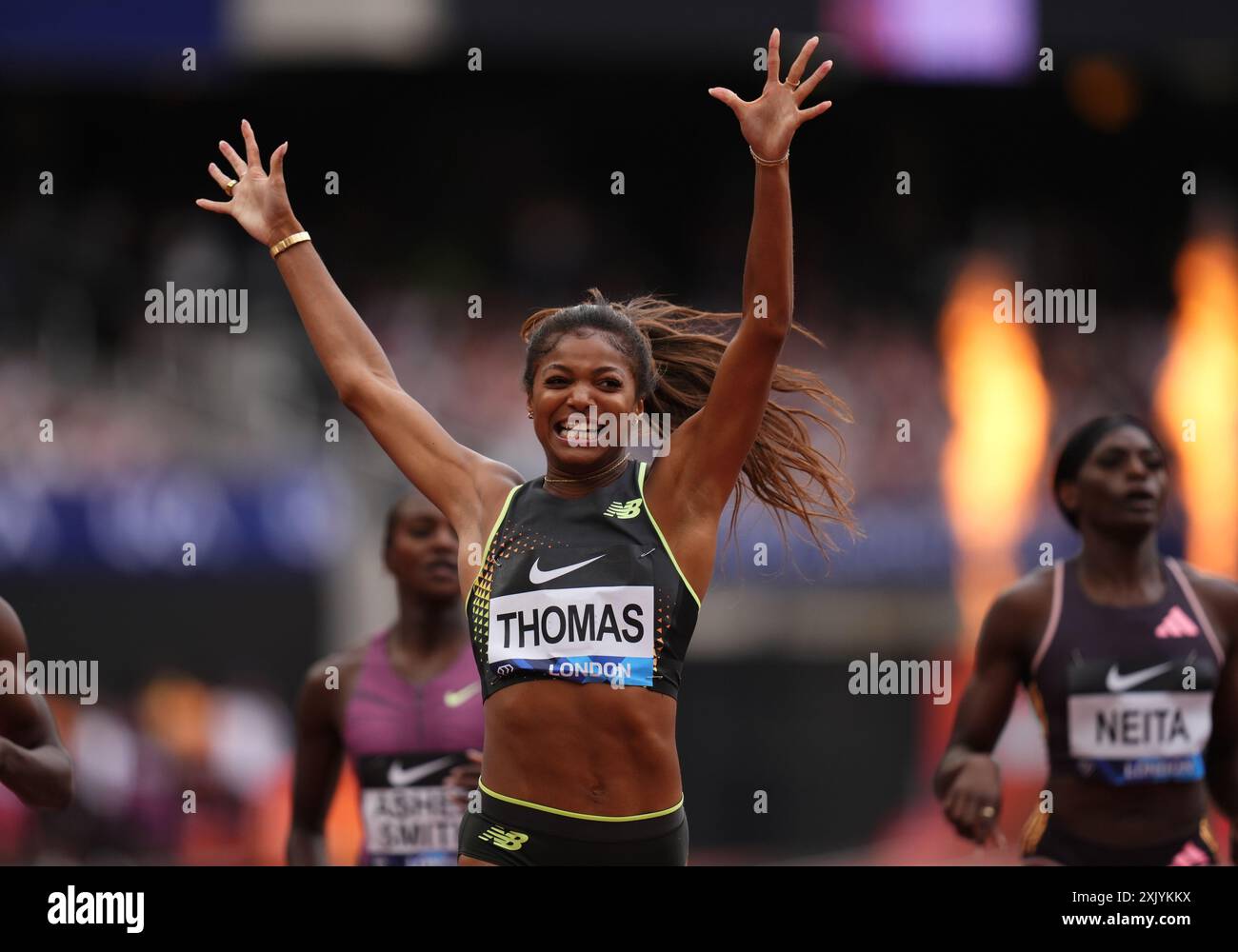 Gabrielle Thomas celebrates winning the Women's 200m during the London ...