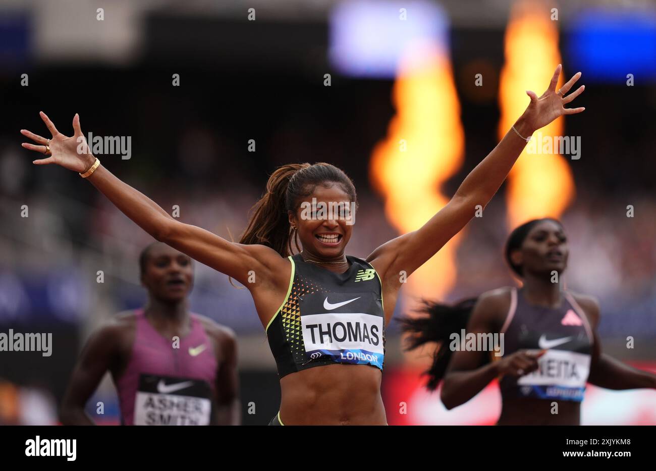 Gabrielle Thomas celebrates winning the Women's 200m during the London ...