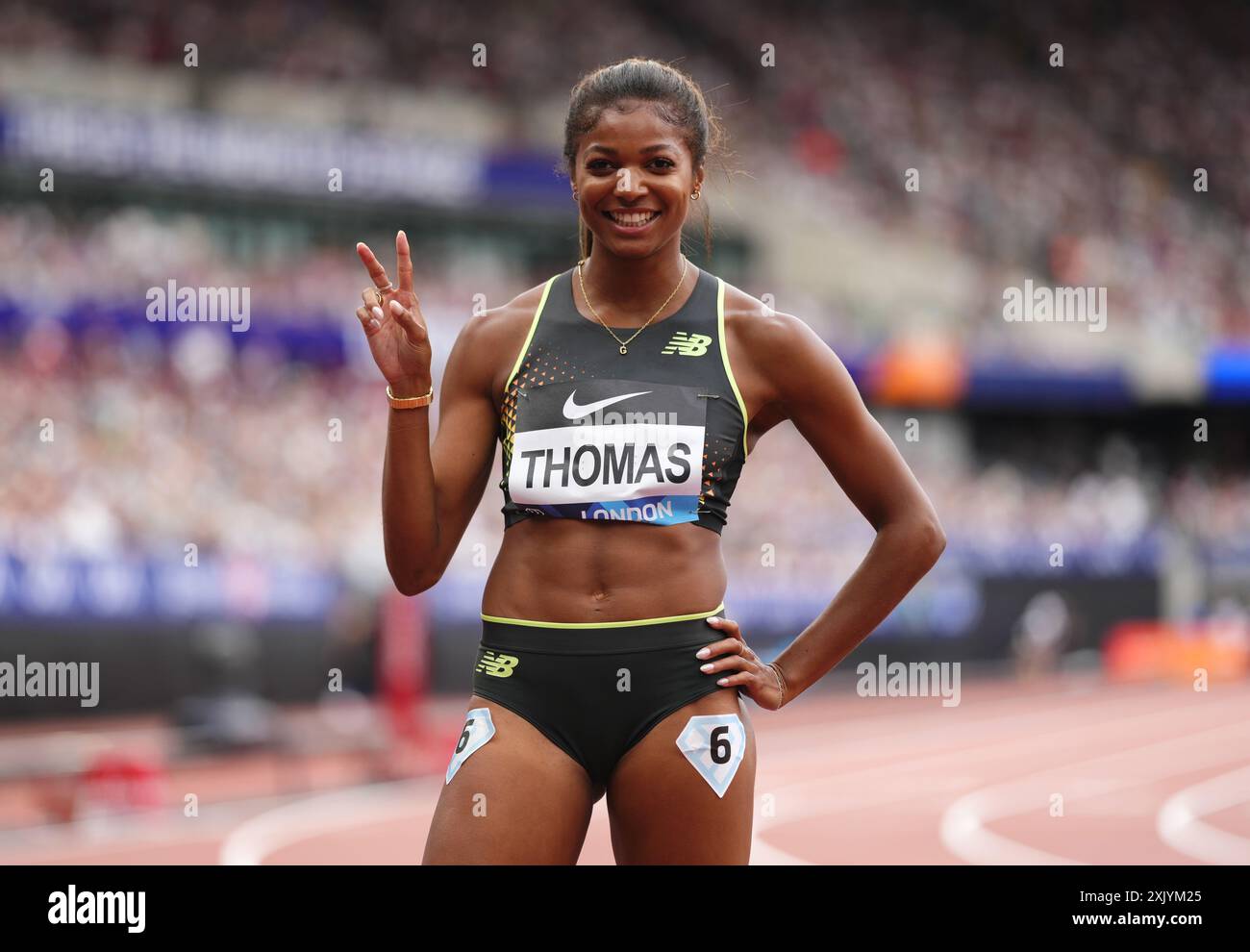 Gabrielle Thomas celebrates winning the Women's 200m during the London ...