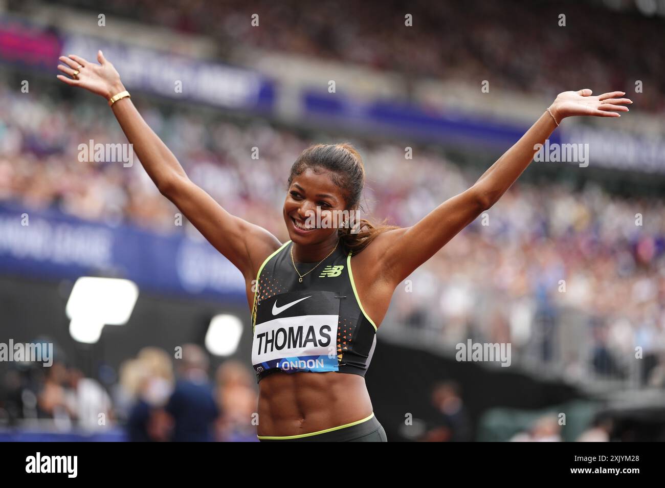 Gabrielle Thomas celebrates winning the Women's 200m during the London ...