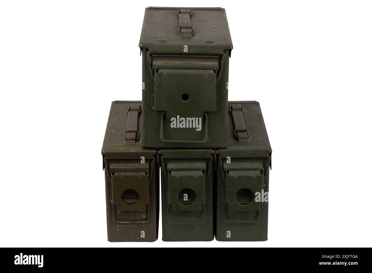 US army green metal .30 cal and .50 cal ammo boxes isolated on white ...
