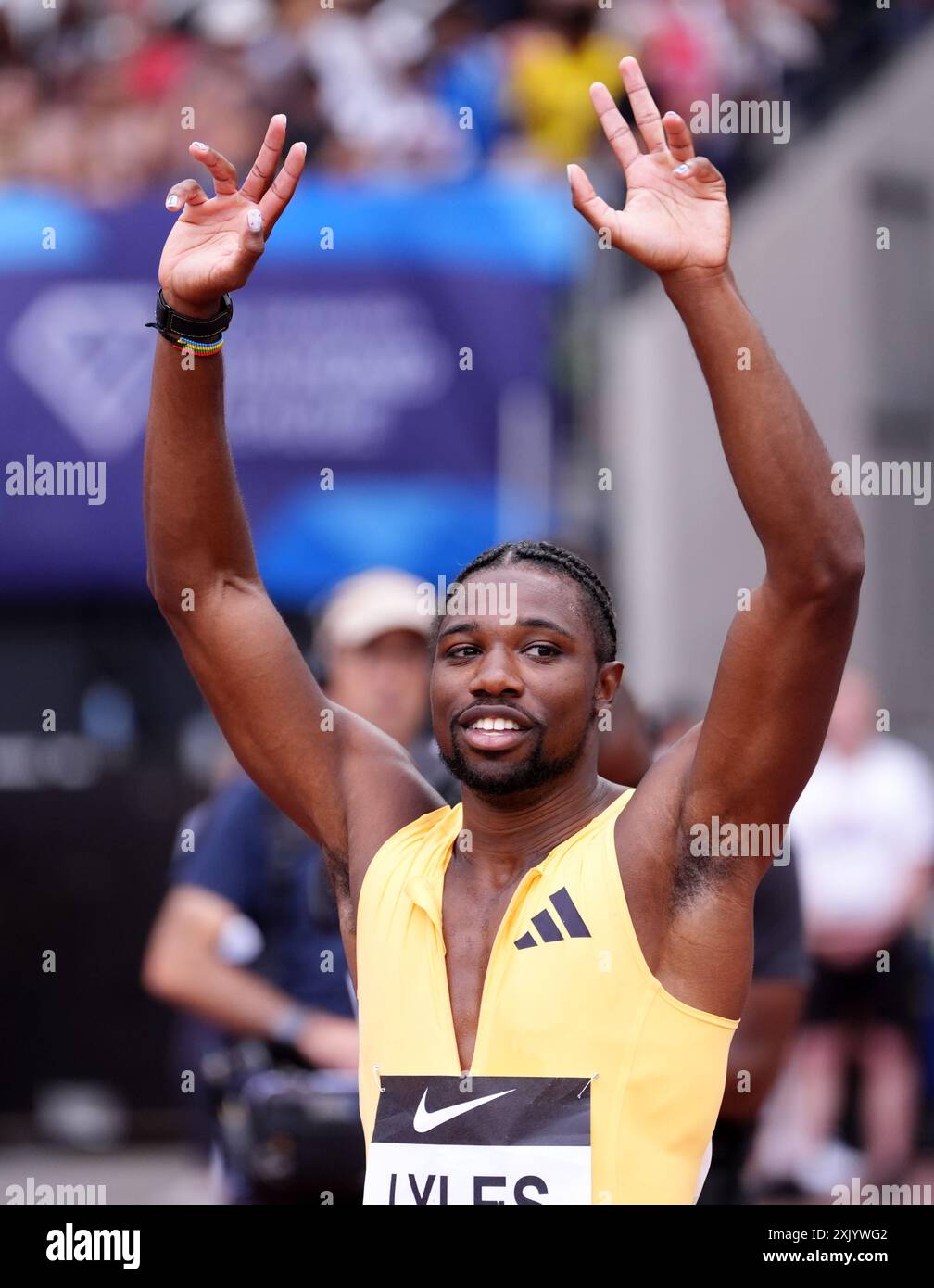 Noah Lyles of the USA celebrates after winning the Men's 100m Final ...