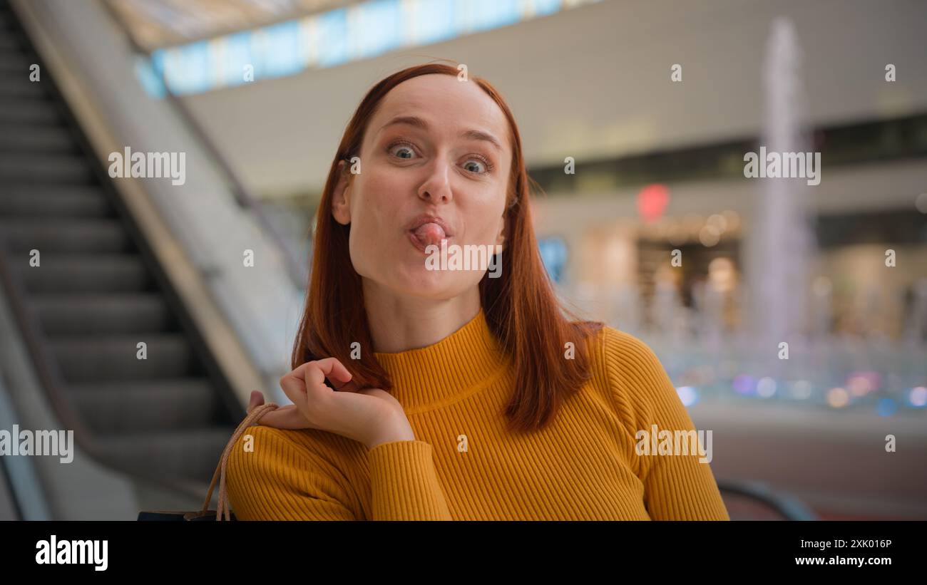 Portrait laughing funny smiling Caucasian ginger woman female girl ...
