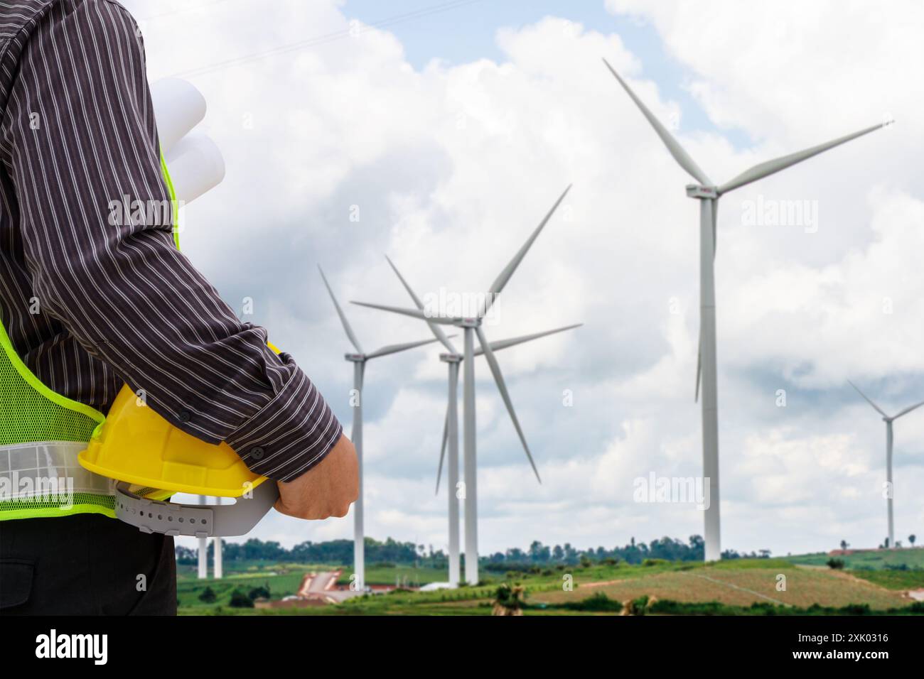 Engineer worker at wind turbine power station construction site Stock ...