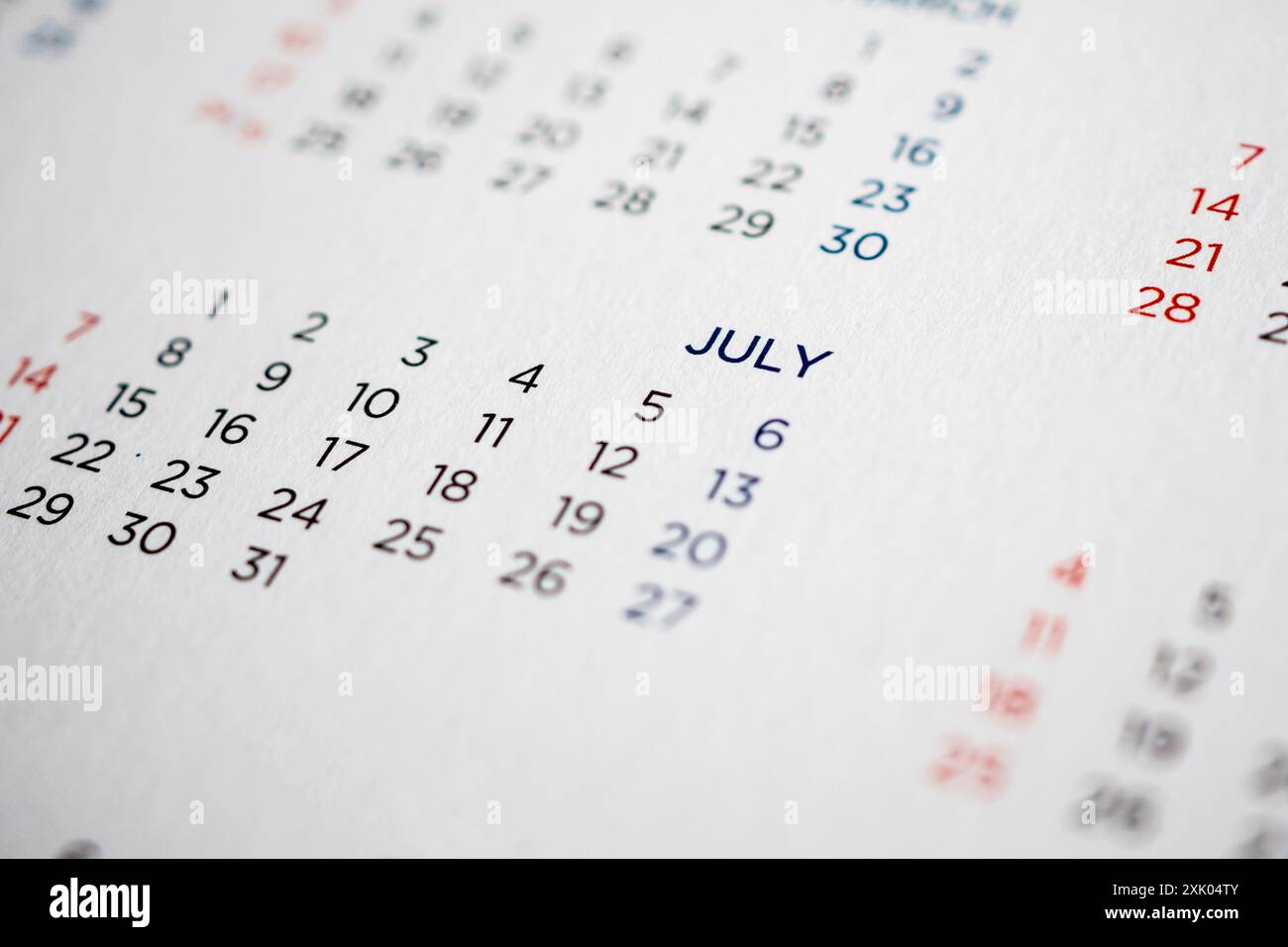 July calendar page with months and dates Stock Photo - Alamy