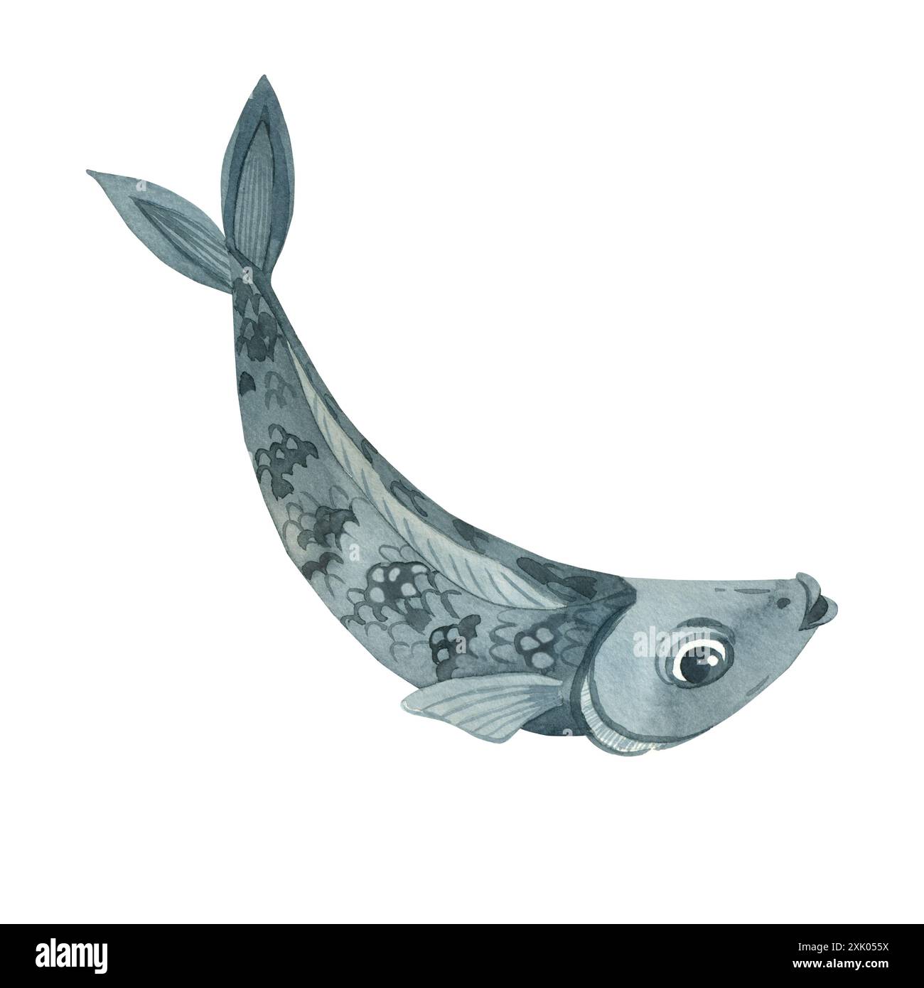 A small blue fish with shiny scales, hand-painted in watercolor. The ...