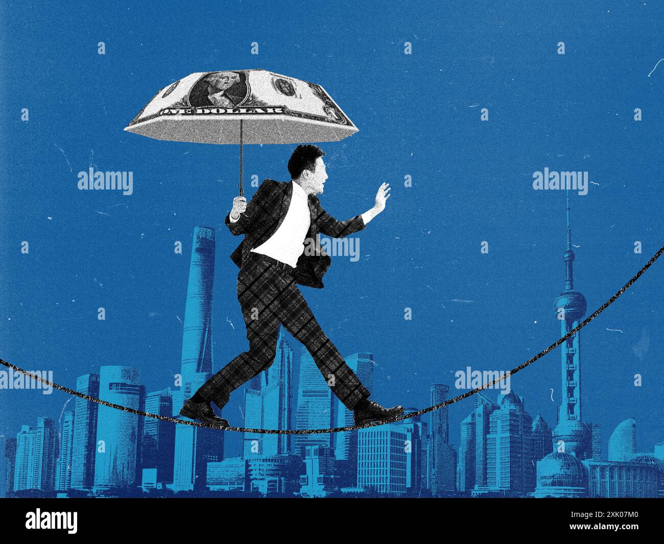 A businessman with an umbrella made of money walks on a tightrope ...