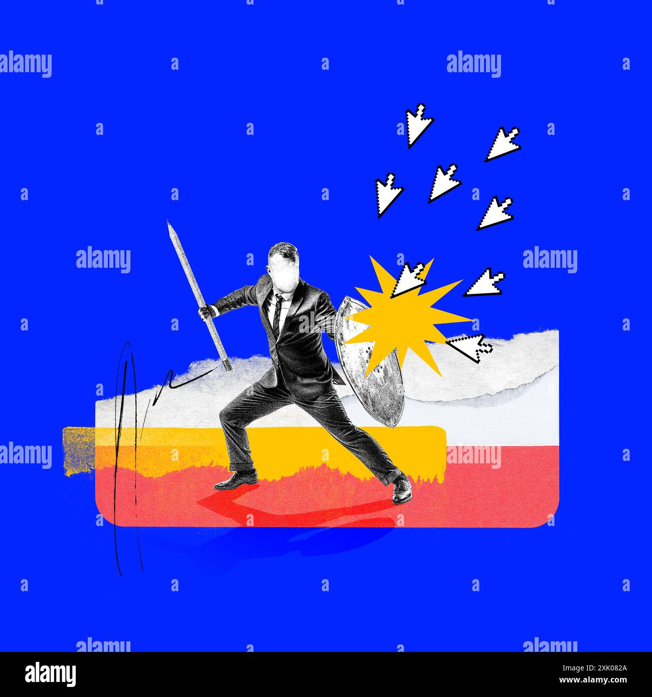 A businessman with a large pencil in his hand, using a shield to defend ...